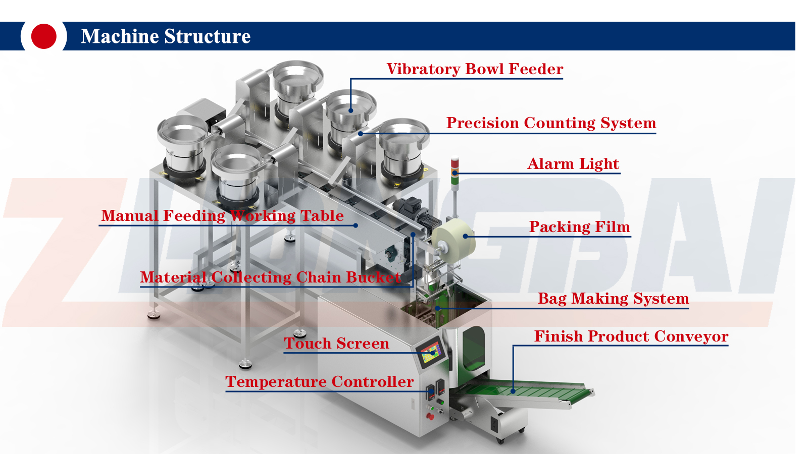 Automatic Counting and Packing Machine with Five Feeders Chain Conveyor